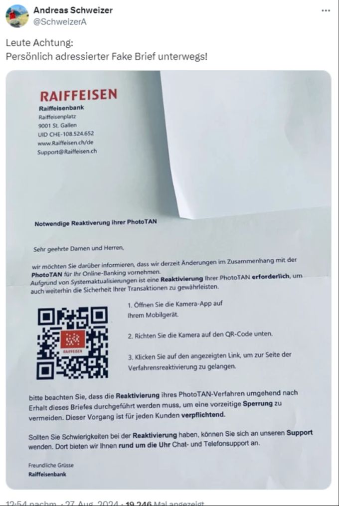 Raiffeisen warnt vor QR-Code auf Fake-Brief – täuschend echt! | Nau.ch