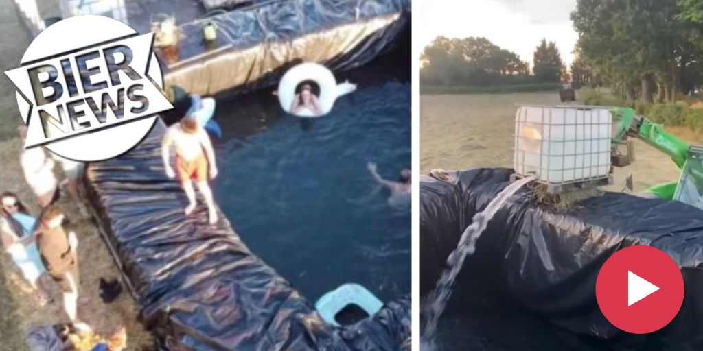 13 schwitzende Bauern bauen Pool aus Heuballen