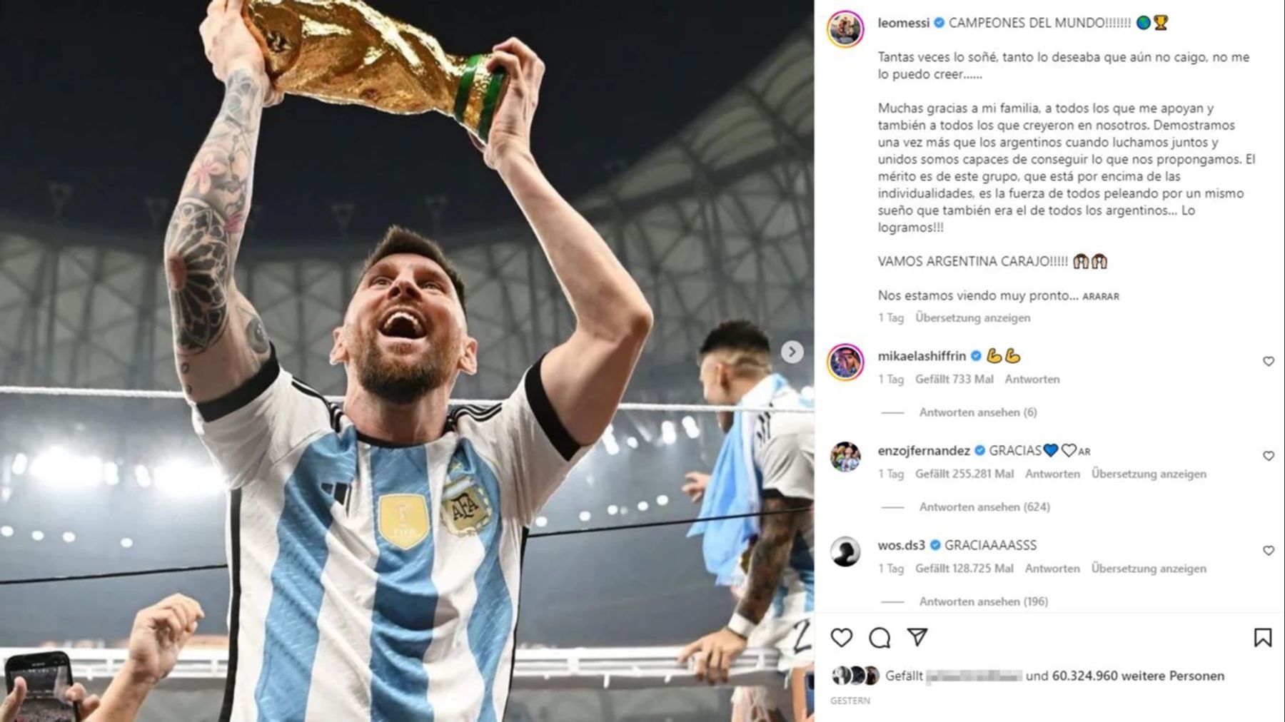 Weltmeister Lionel Messi bricht mit Pokalbild alle Instagram-Rekorde ...
