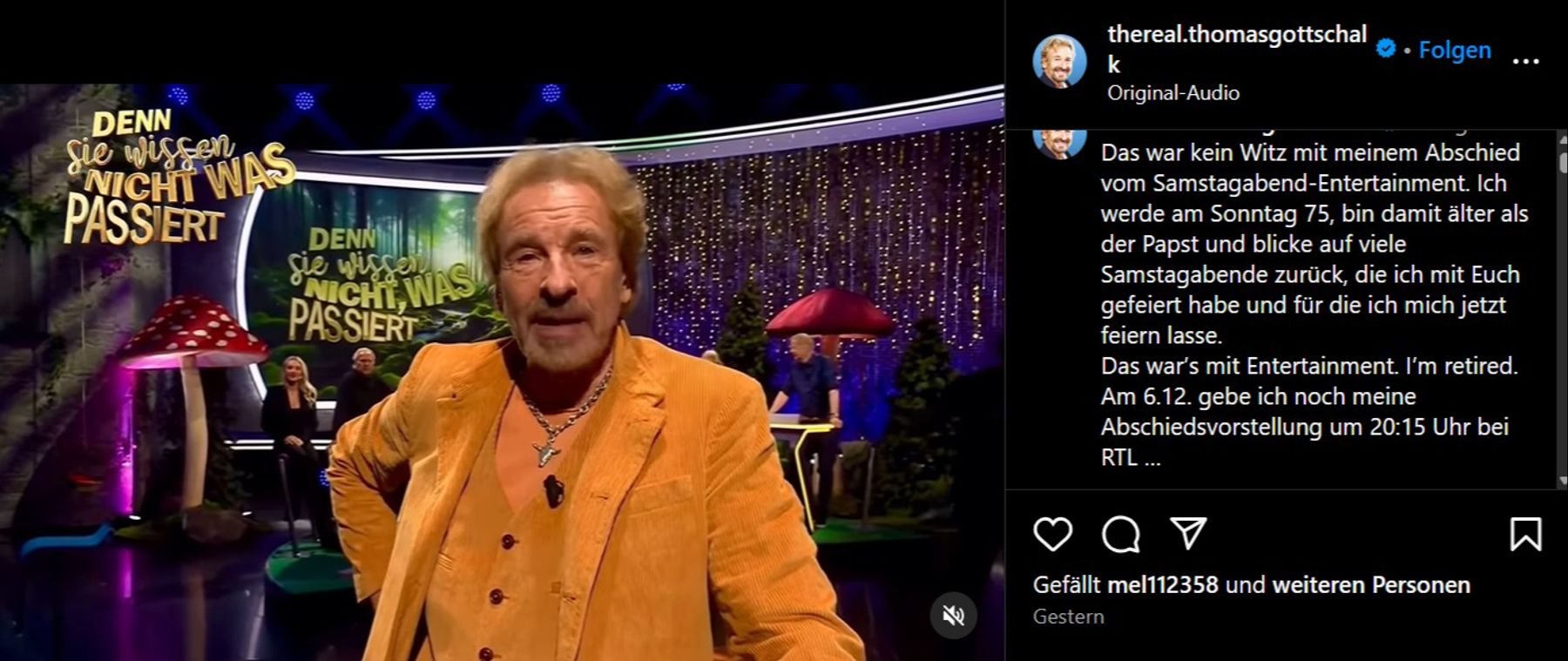 «In Rente»: Thomas Gottschalk kündigt TV-Aus an | Nau.ch