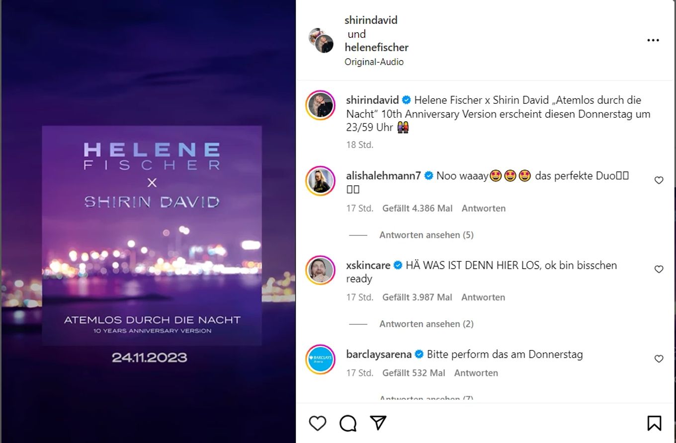 «Atemlos»-Neuauflage kommt: Helene Fischer und Shirin David im Studio ...