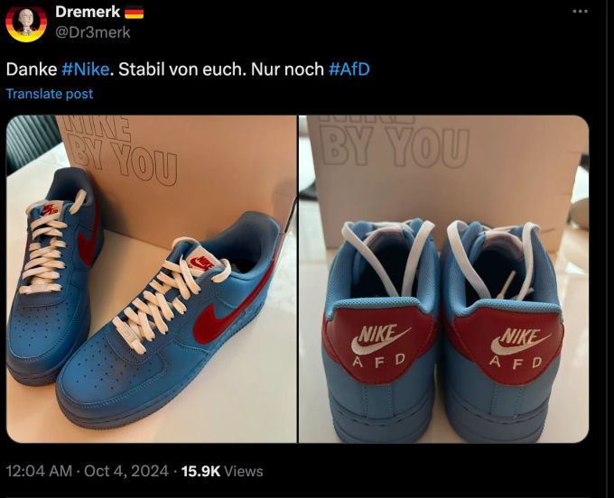 Nike verbietet «AfD» Schriftzug auf personalisierten Sneakern | Nau.ch