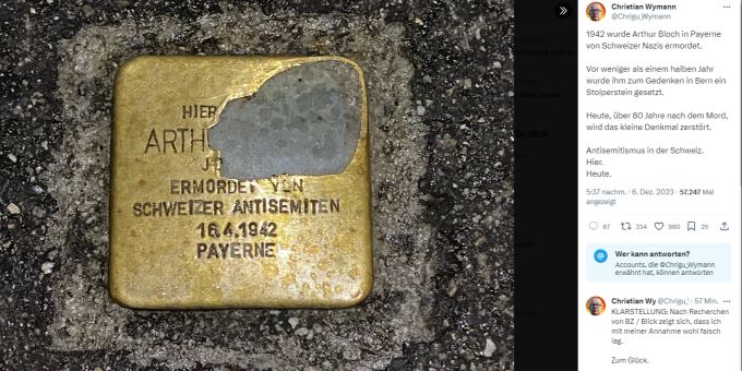Bern: Wirbel um Stolperstein von Jude Arthur Bloch | Nau.ch